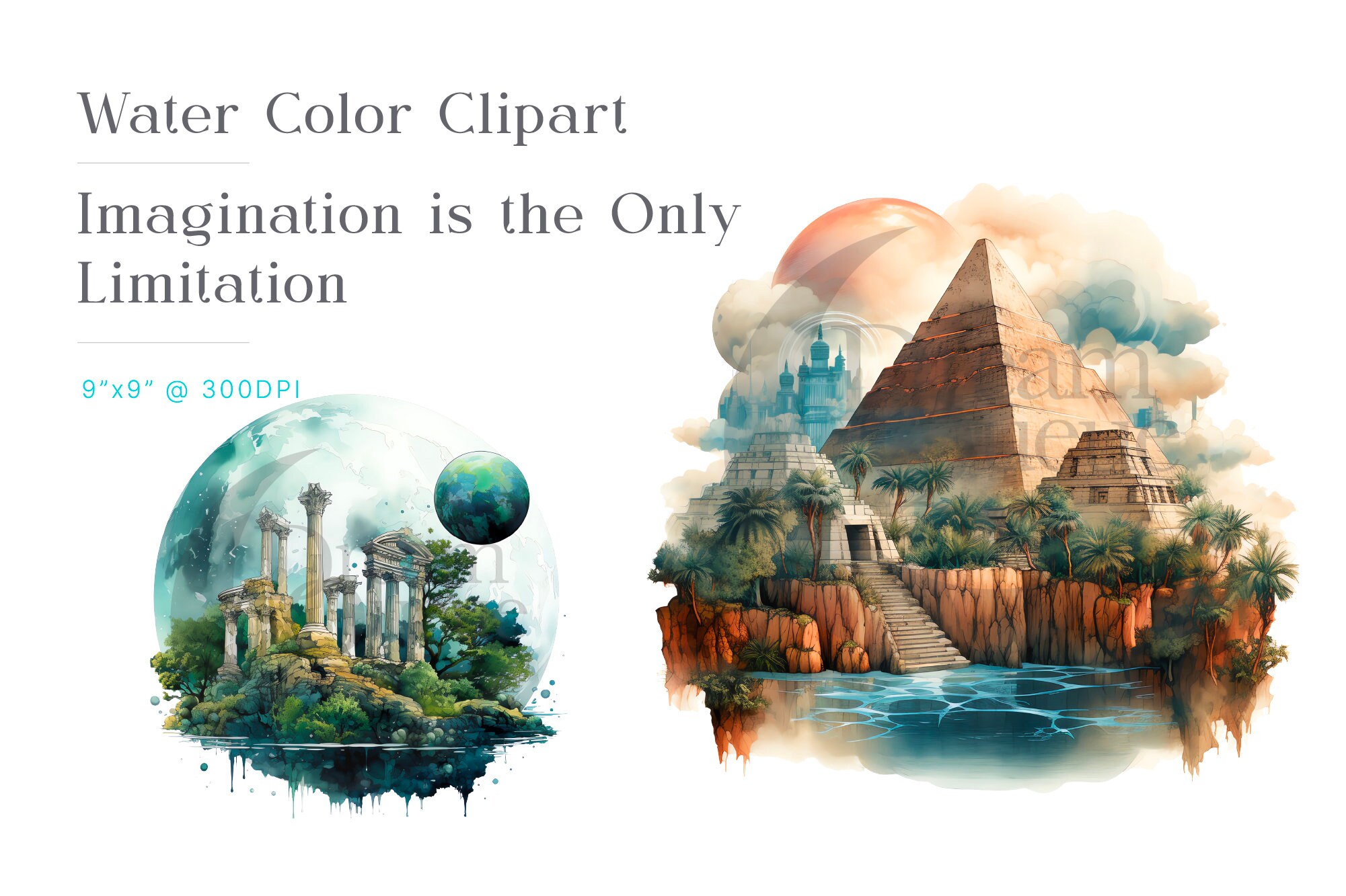 Watercolor Pyramid Clipart, Floating Island, Digital Graphics for ...