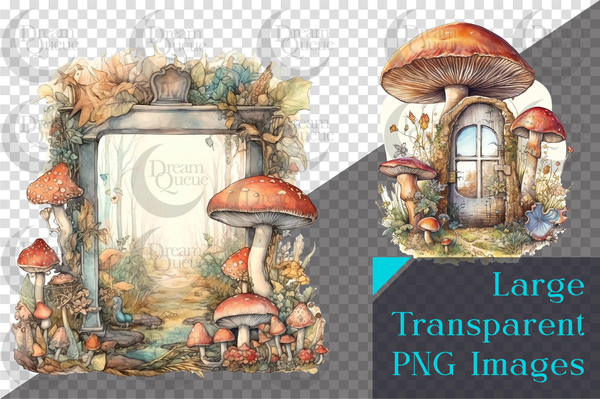 Mushroom Fantasy Watercolor Clipart, Digital Graphics for Commercial ...