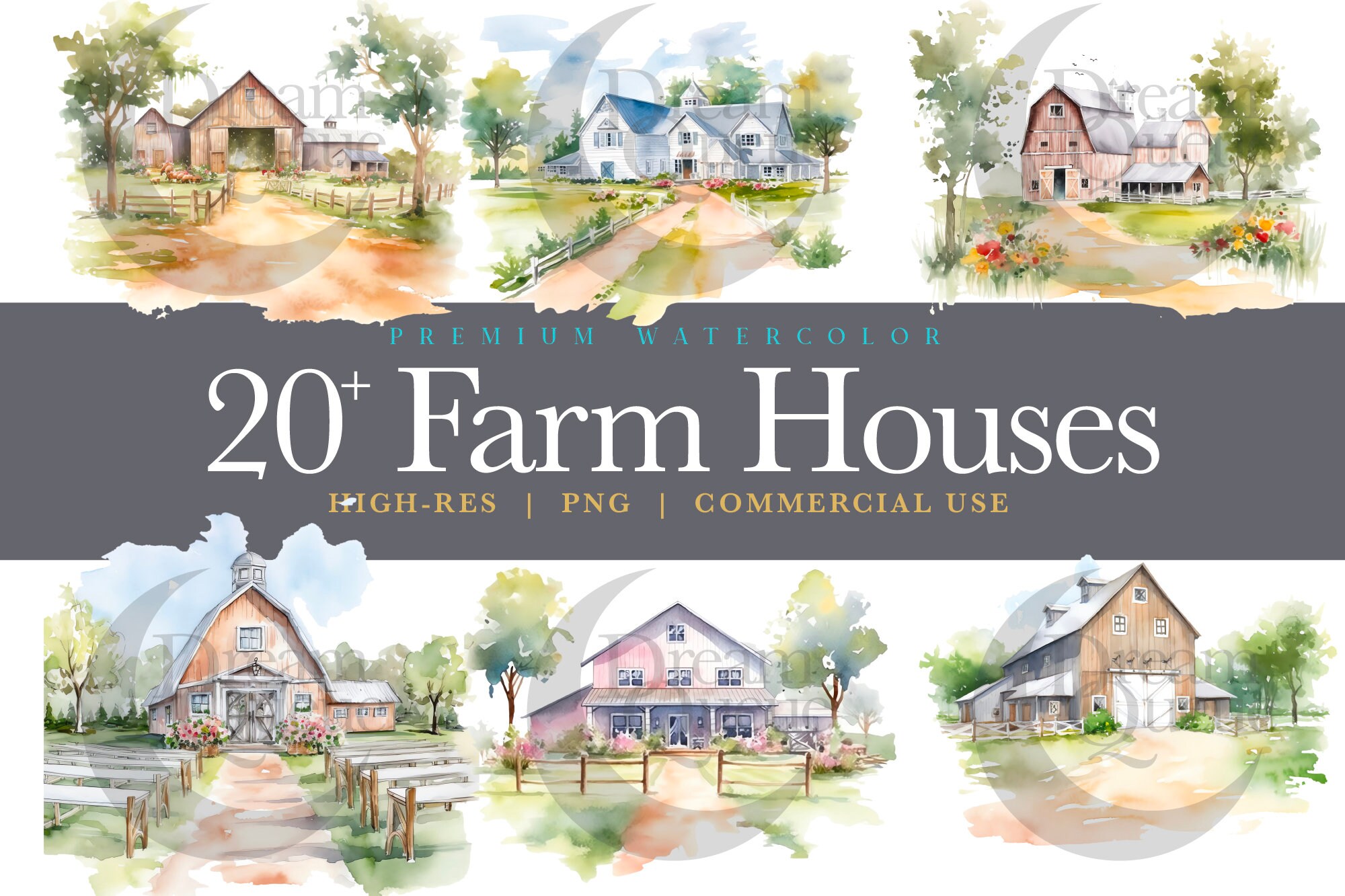 Farmhouse Watercolor Barn Clipart, Farm House Wedding, Digital Graphics ...