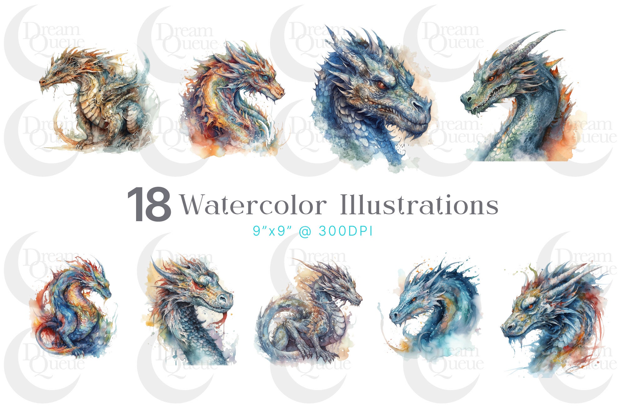 Watercolor Dragon Clipart, Digital Graphics for Commercial Use Instant ...