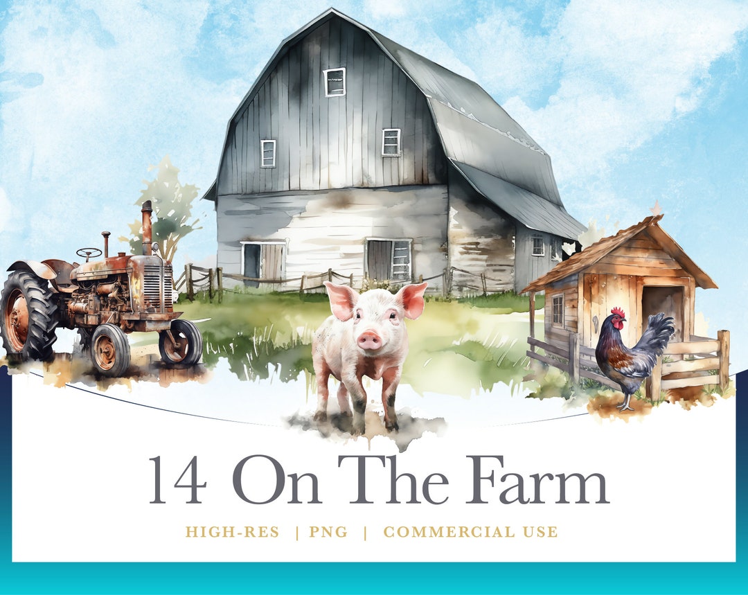 Farm Watercolor Clipart, Pig Cow Dog Barn, Digital Graphics for ...
