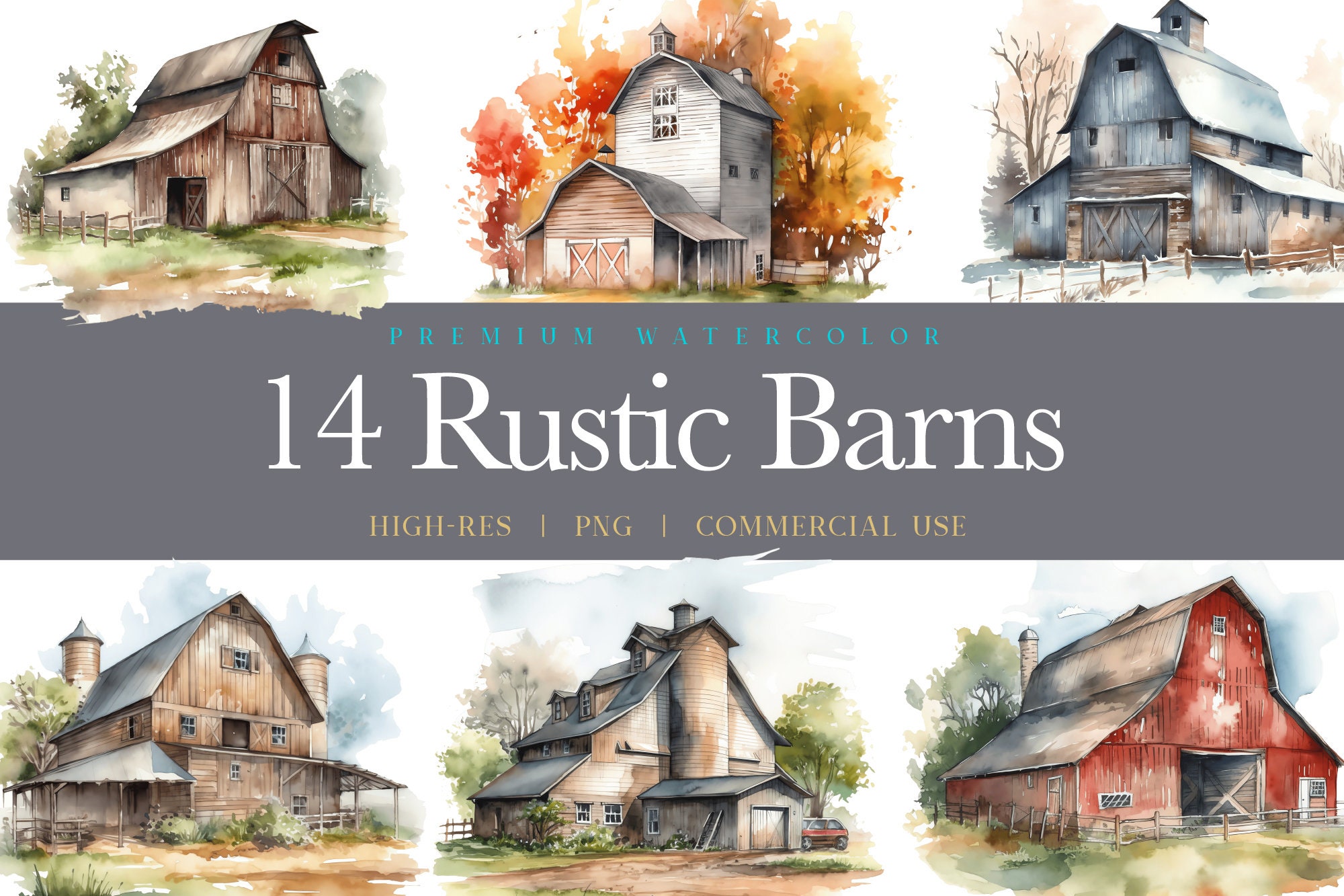 Rustic Watercolor Barn Clipart, Digital Graphics for Commercial Use ...