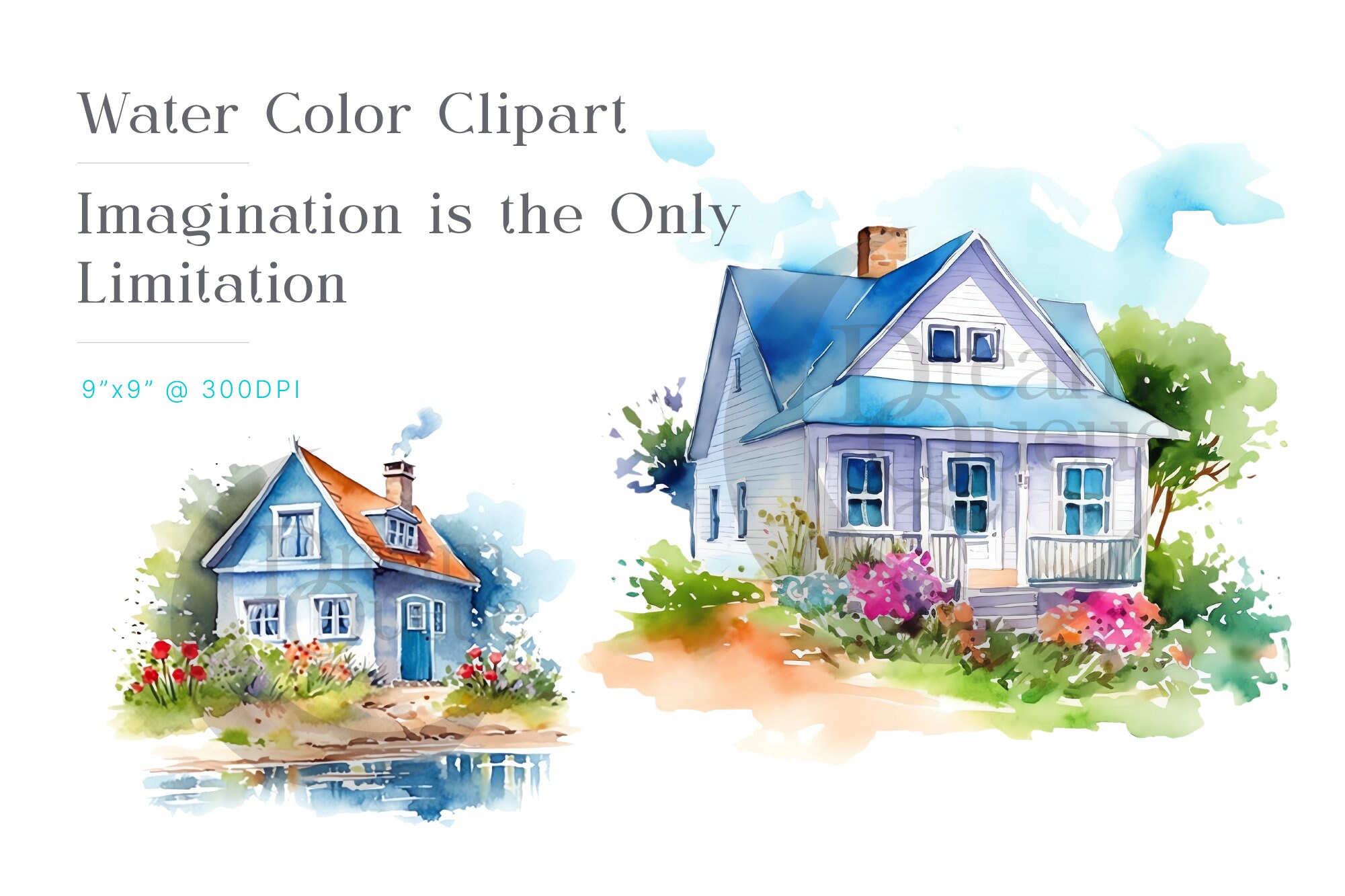 Cozy Watercolor Beach Cottage Clipart, Digital Graphics for Commercial ...