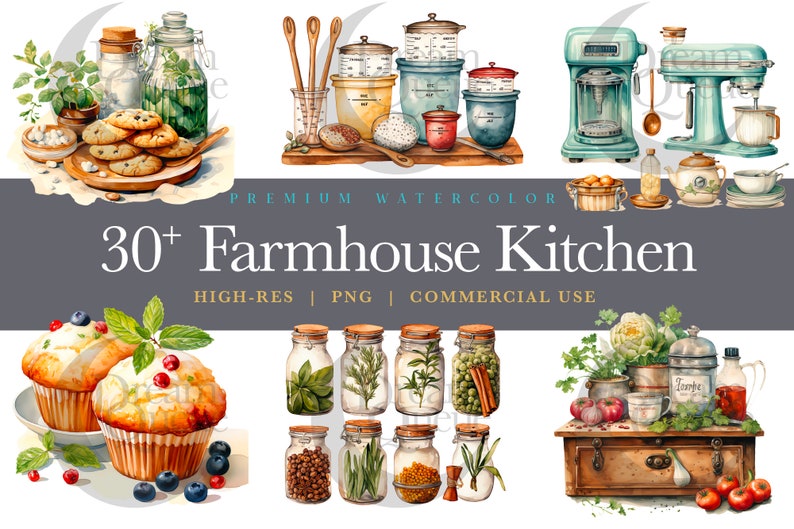 Cute Farmhouse Kitchen Watercolor Clipart Digital Graphics - Etsy