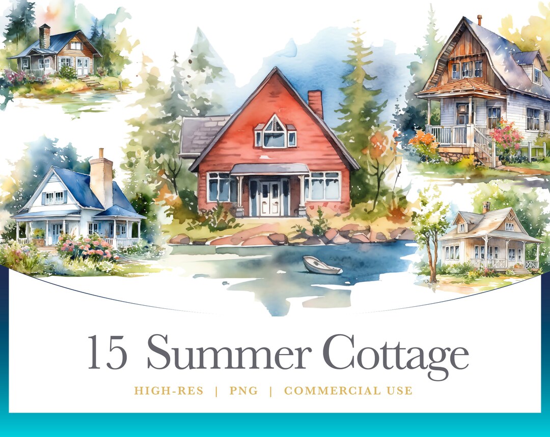 Watercolor Summer Cottage Clipart, Digital Graphics for Commercial Use ...