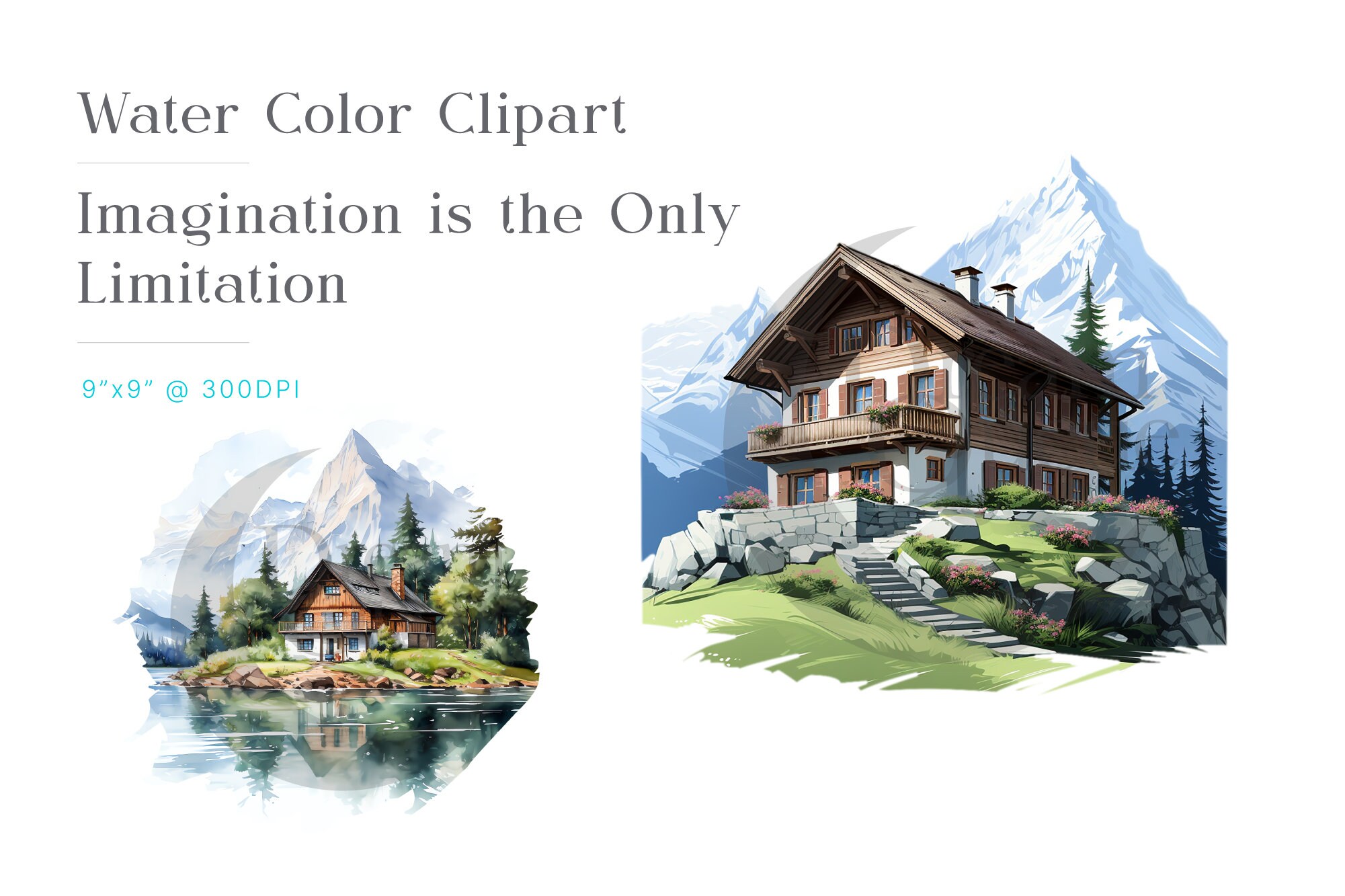 Rustic Watercolor Cabin Clipart, Swiss Chalet, Digital Graphics for ...