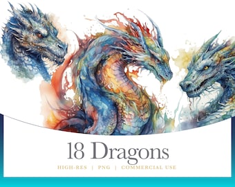 Fantasy Dragon Clipart Bundle - 25 Watercolor Dragons PNG, Transparent ...