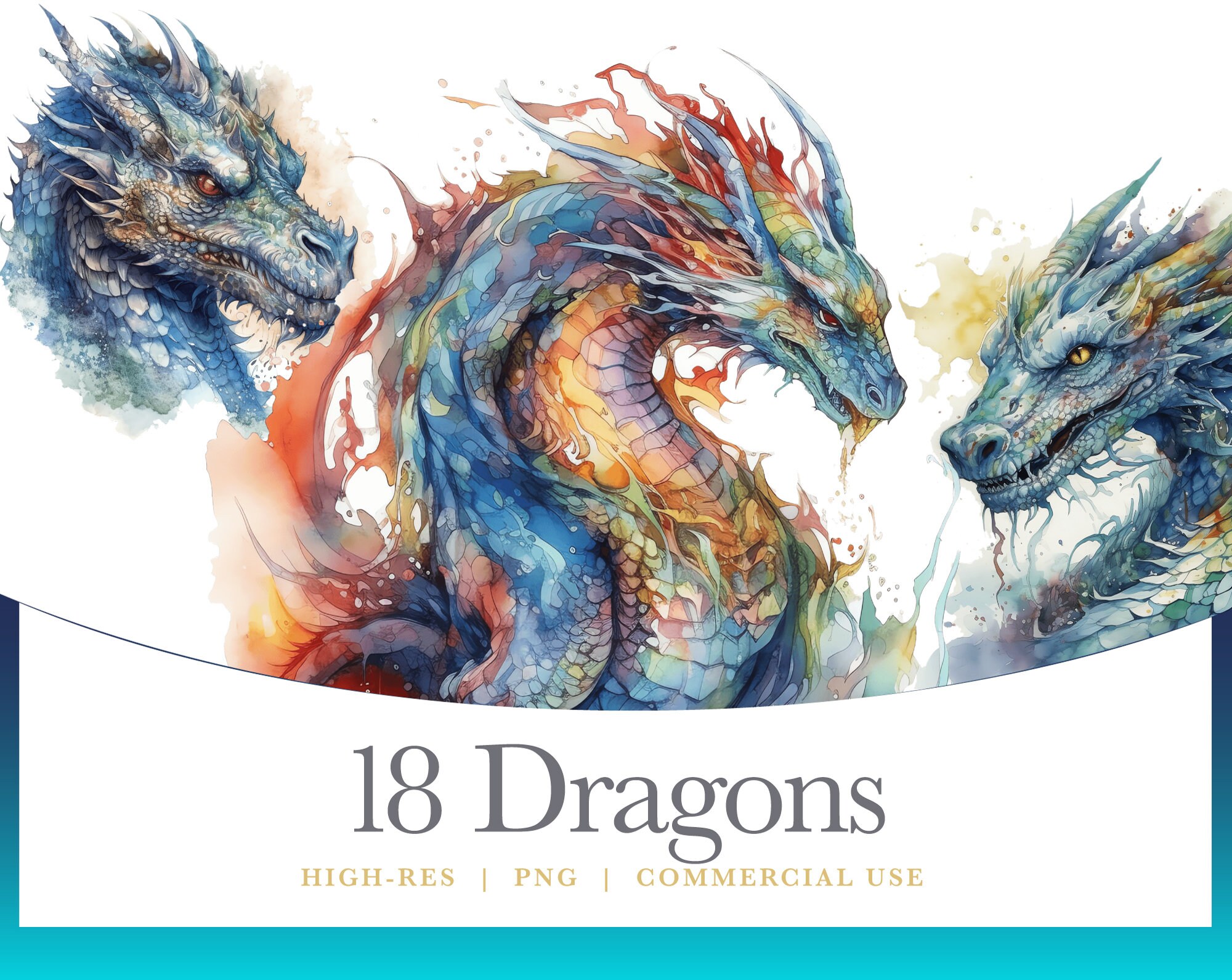 Watercolor Dragon Clipart, Digital Graphics for Commercial Use Instant ...