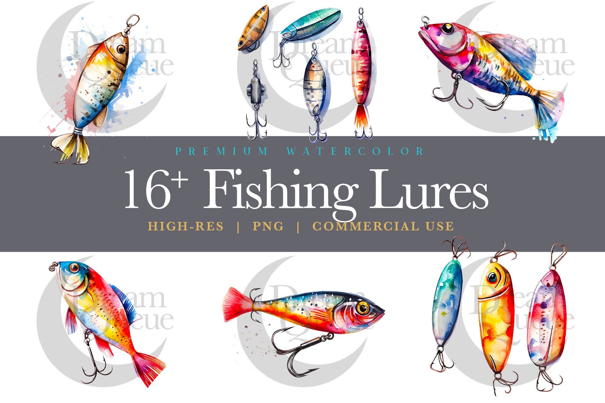Fishing Lure Watercolor Clipart, Digital Graphics for Commercial Use ...
