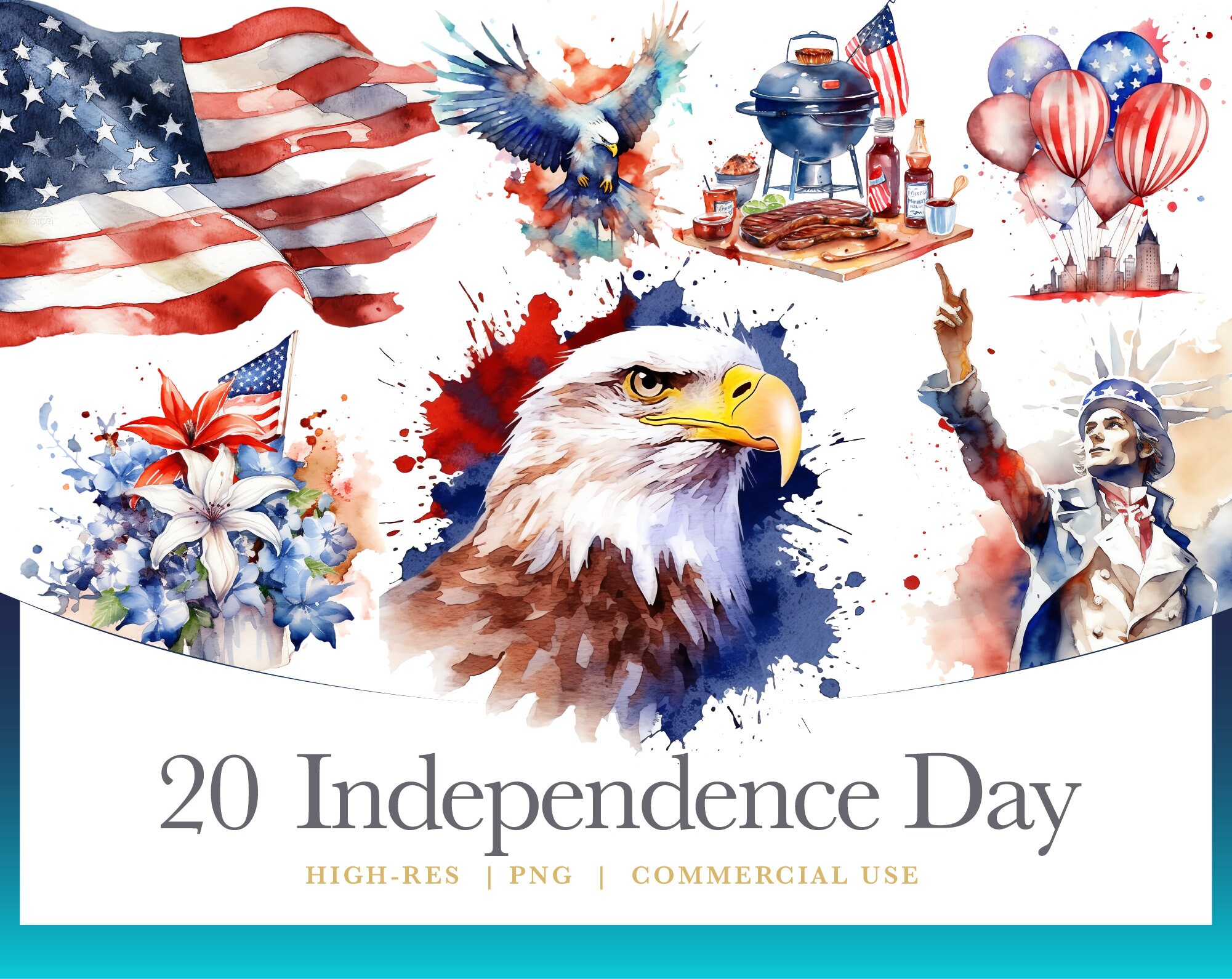 4th of July Watercolor Clipart July Fourth Patriotic Clip - Etsy