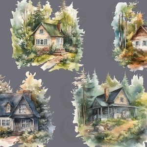 Cute Watercolor Cottage Clipart, Digital Graphics for Commercial Use ...