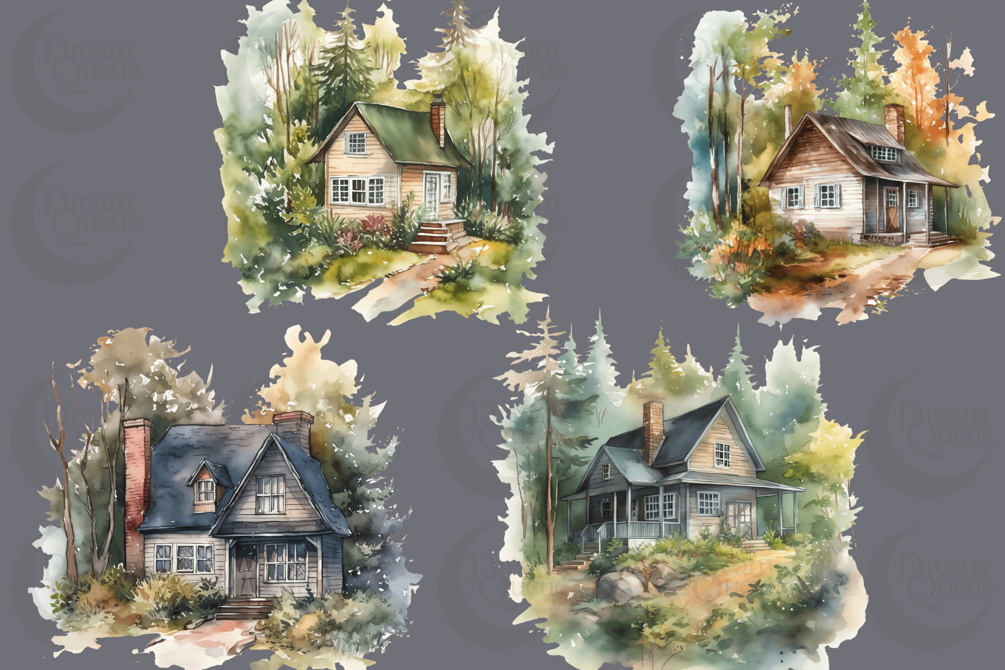 Cute Watercolor Cottage Clipart, Digital Graphics for Commercial Use ...