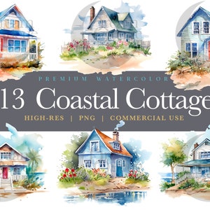 Cozy Watercolor Beach Cottage Clipart, Digital Graphics for Commercial ...
