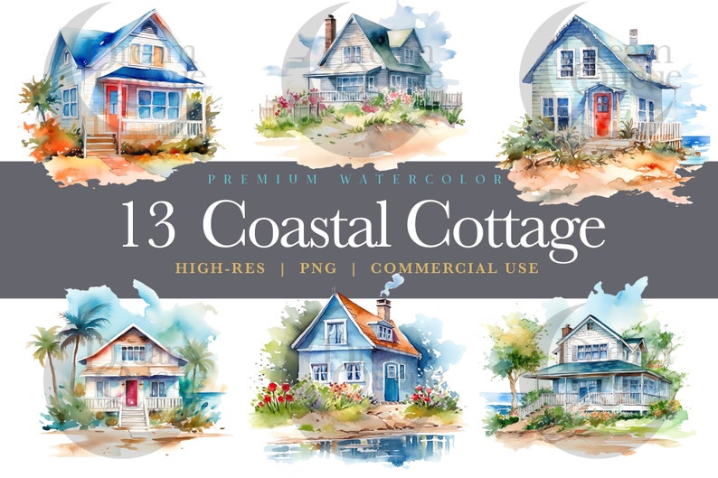 Cozy Watercolor Beach Cottage Clipart, Digital Graphics for Commercial ...