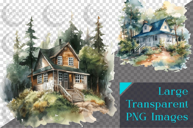 Cute Watercolor Cottage Clipart, Digital Graphics for Commercial Use ...