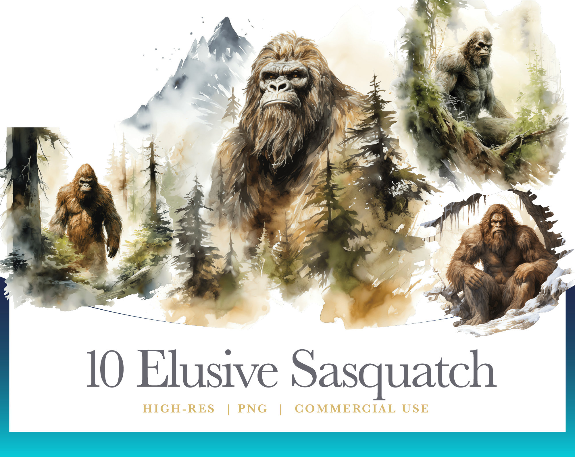 Watercolor Sasquatch Clipart, Bigfoot Clipart, Digital Graphics for ...