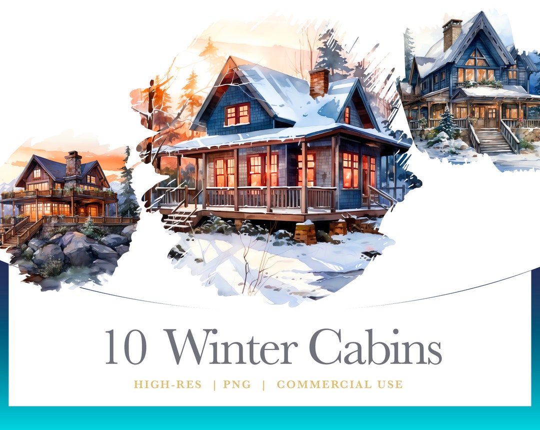 Watercolor Winter Cabin Clipart, Cozy Cabin Portraits, Digital Graphics for Commercial Use ...