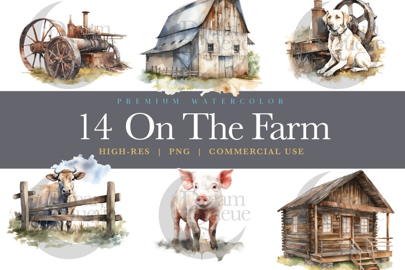 Farm Watercolor Clipart, Pig Cow Dog Barn, Digital Graphics for ...