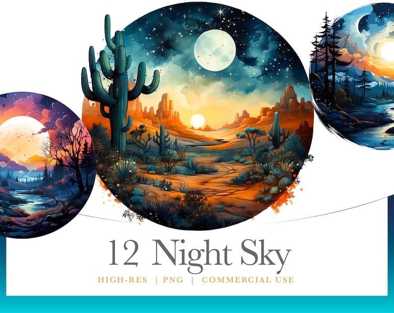 Night Sky Watercolor Clipart, Stars Moon Style, Magical Clipart ...