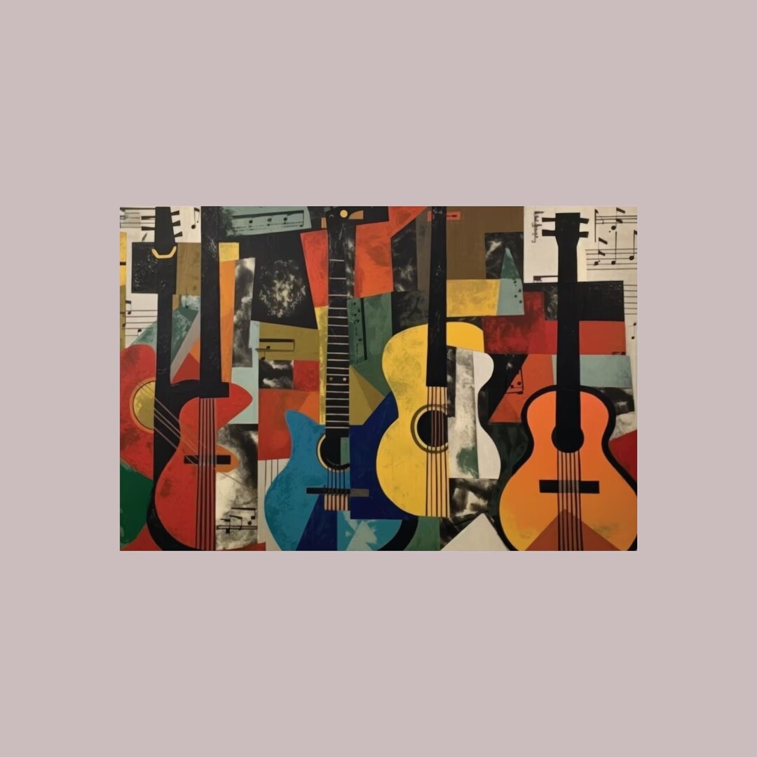 Canvas (48" X 32") Picasso Style Wall Art of Cubist Guitars, Abstract ...