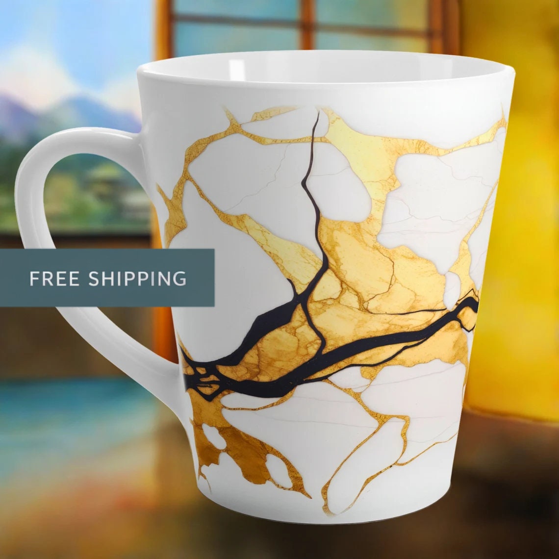 Kintsugi Coffee Latte Cup or Teacup White and Gold Ceramic Mug Japanese ...