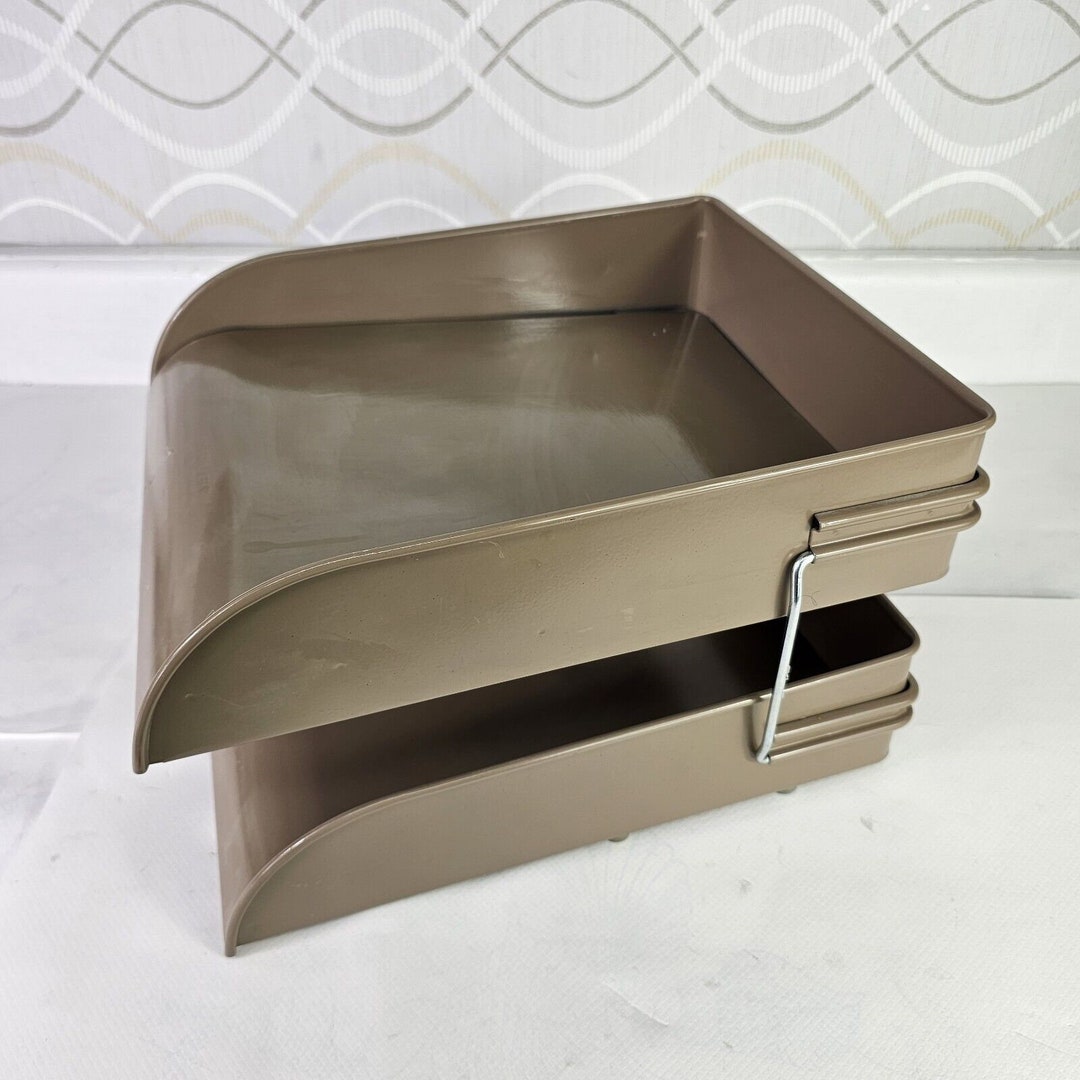 Vintage Steel Letter Tray 2 Tiered Baige Metal Lit-ning Office Desk ...