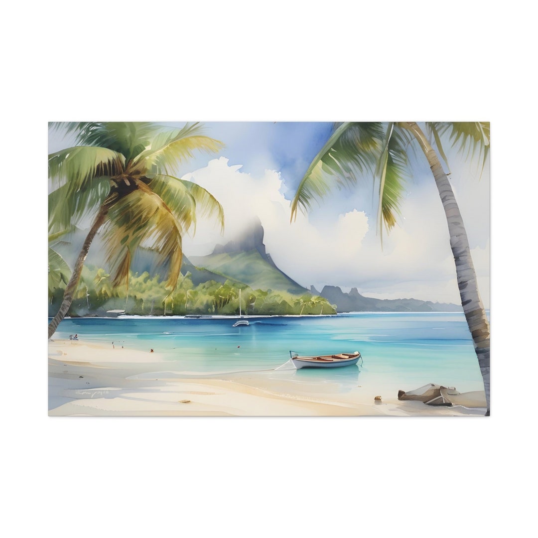 Bora Bora, Canvas Print, Watercolor, Impressionistic Landscape, Beach ...
