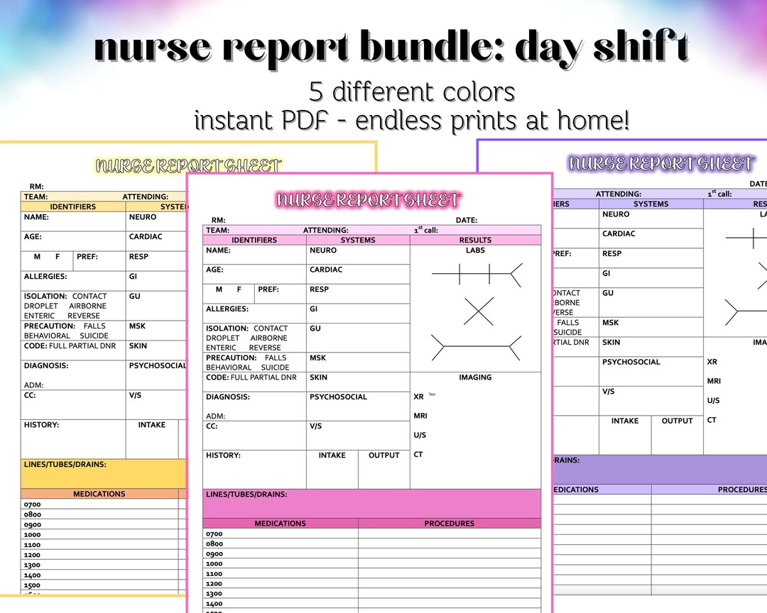 Nurse Report Sheet Bundle Nursing Essentials Brain New Nurse Day Shift ...