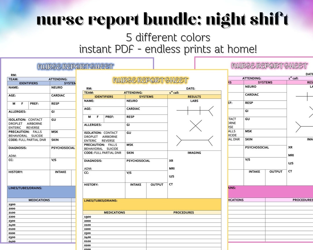 Nurse Report Sheet Bundle Nursing Essentials Brain New Nurse Night Shift - Etsy