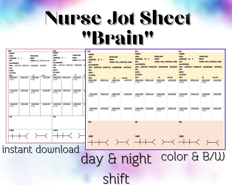 Nurse Jot Sheet Nursing Brain Instant Download Printable Nursing ...