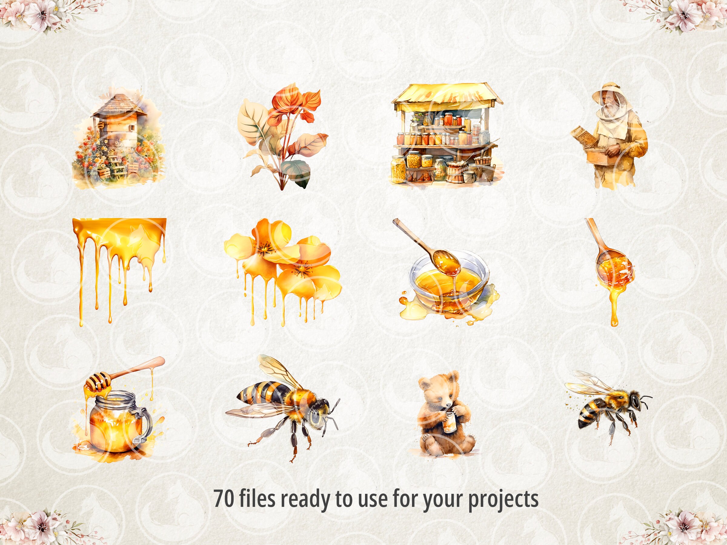 Honey Bee Clipart Watercolor Spring Floral and Honey. Honey Drips. PNG ...