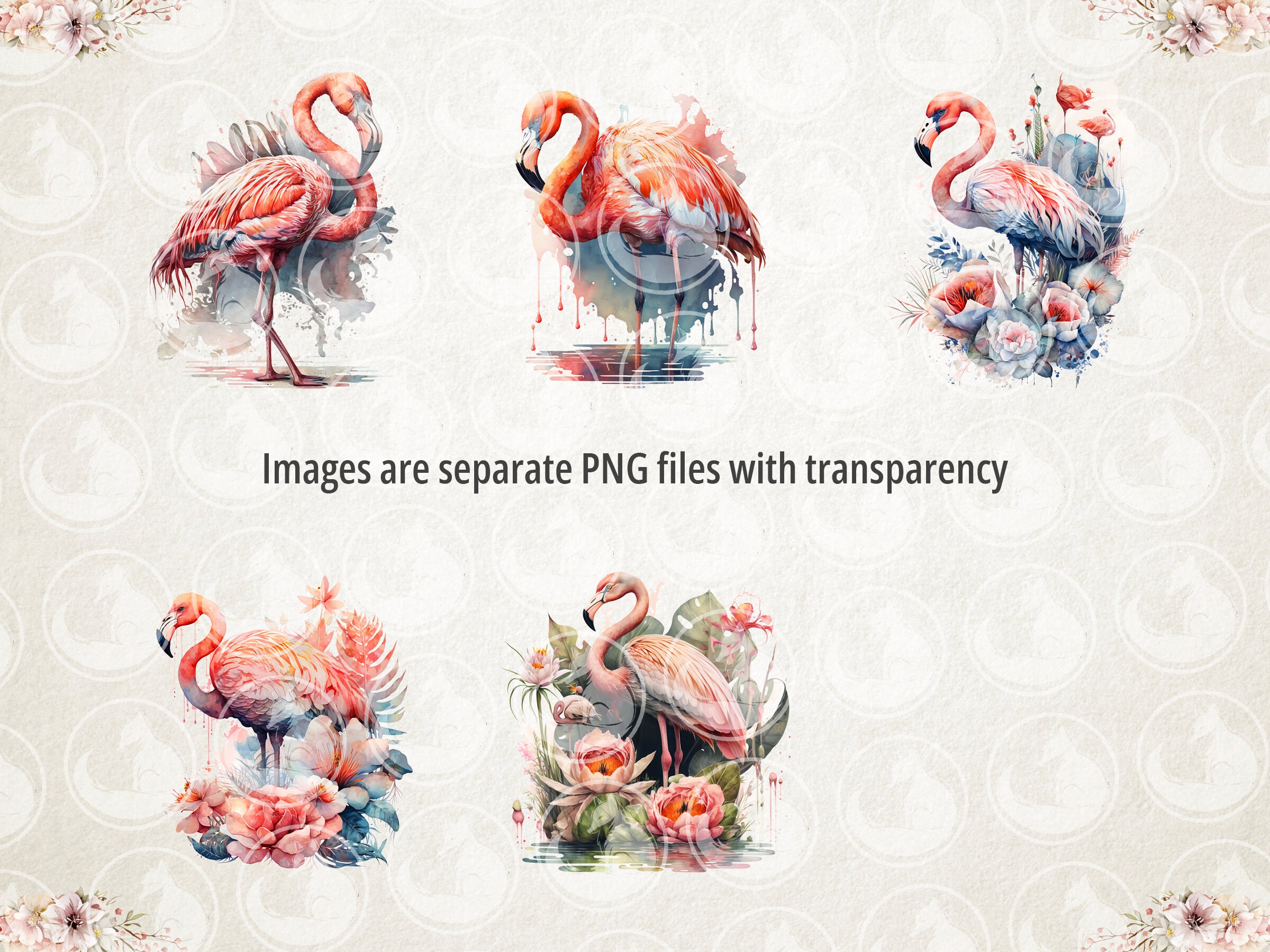 Watercolor Flamingo Clipart. Tropical Birds With Flowers in PNG Format ...
