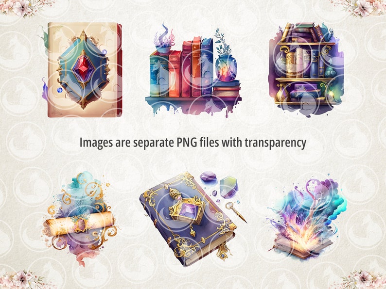 Watercolor Fantasy Books Clipart Wizard Book Stacks and Shelves. PNG ...