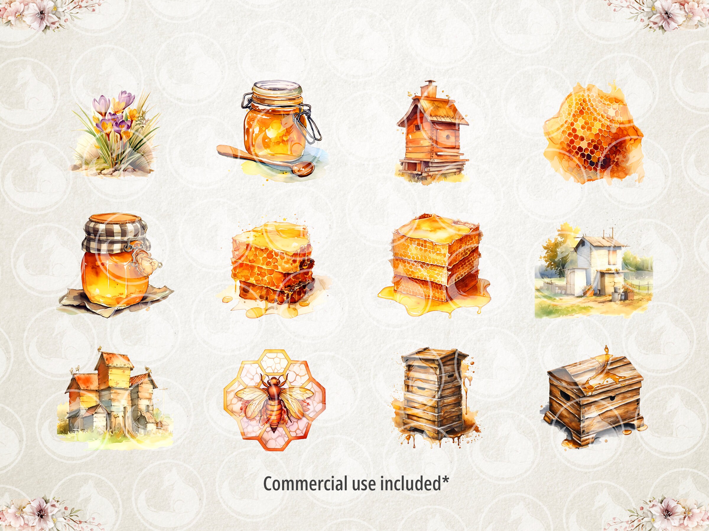 Honey Bee Clipart Watercolor Spring Floral and Honey. Honey Drips. PNG ...