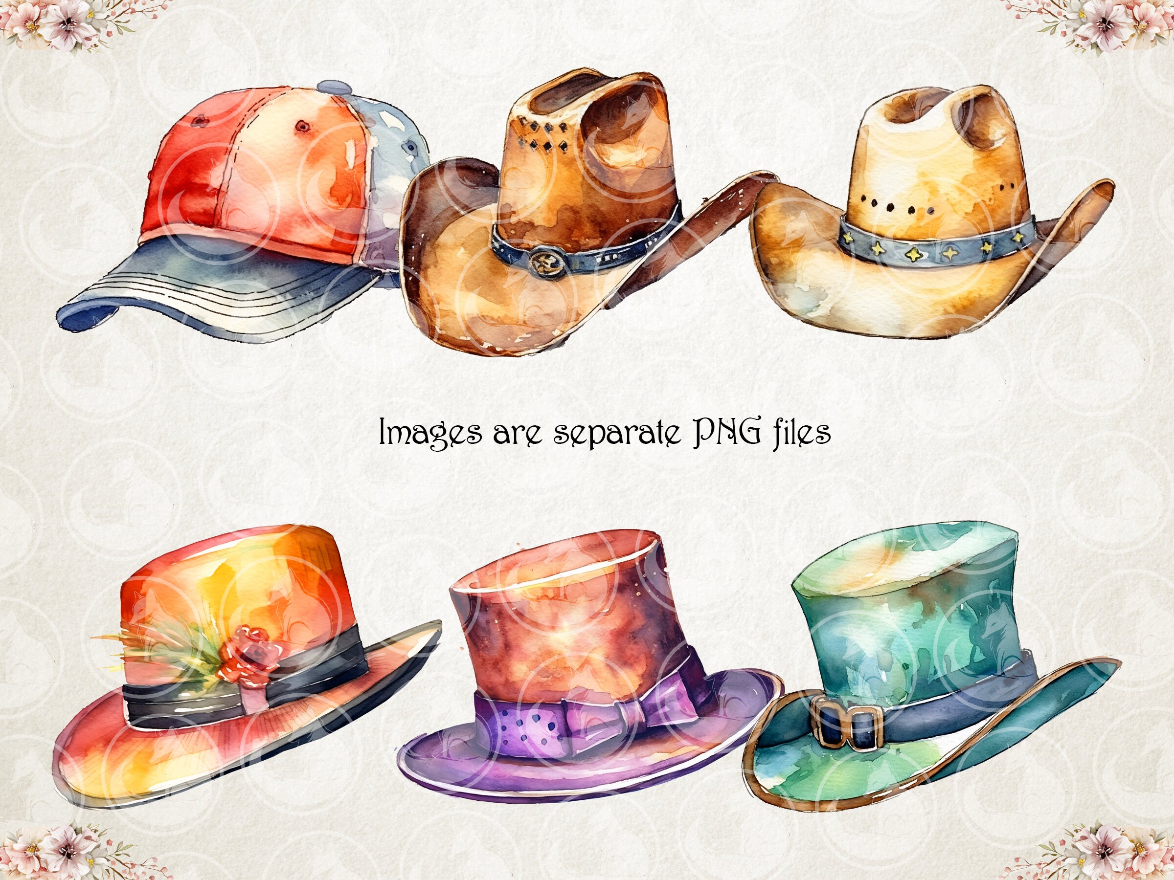Watercolor Hats Clipart. Hat Styles Fashion PNG Format. Instant ...