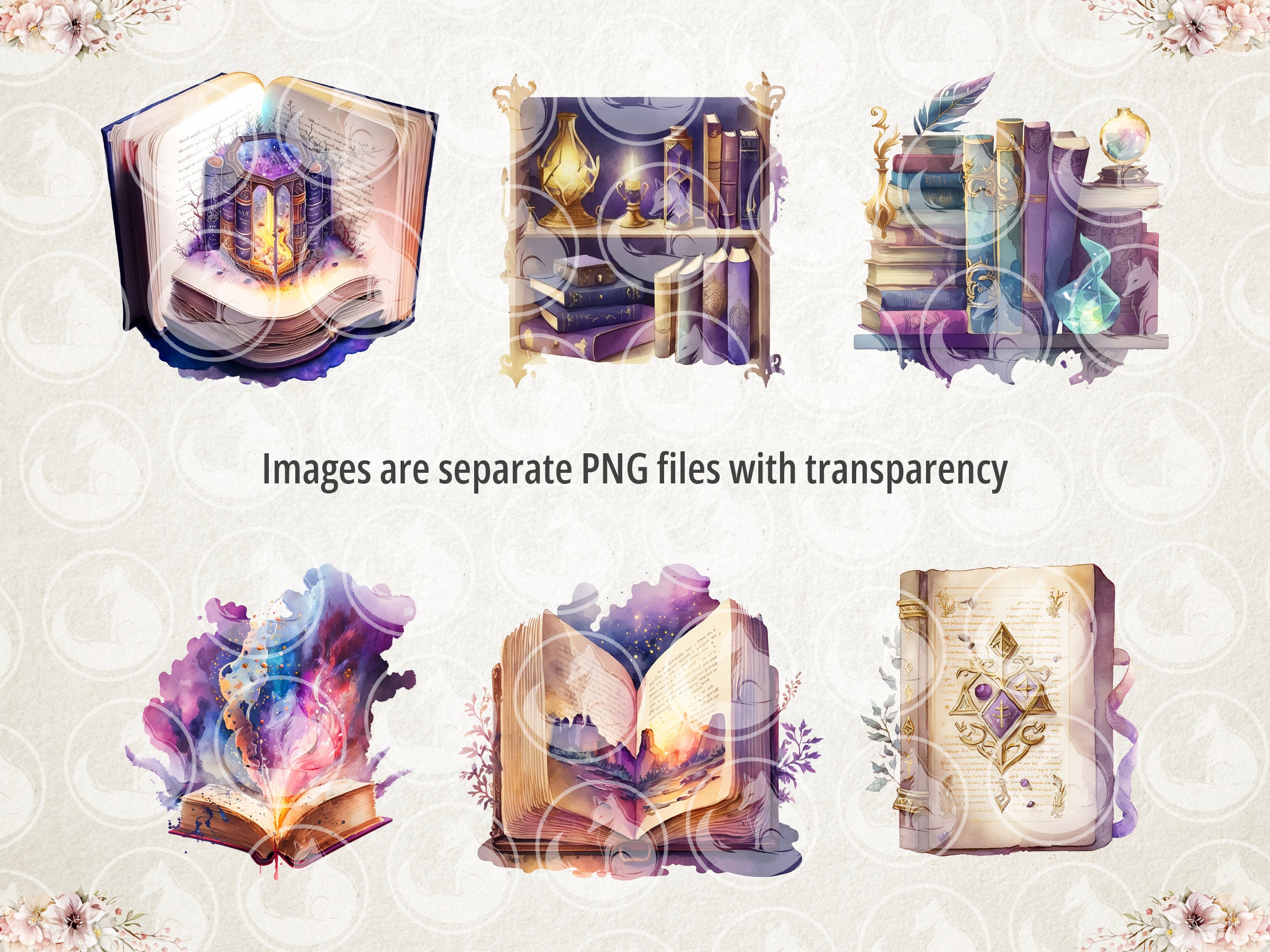Watercolor Fantasy Books Clipart Wizard Book Stacks and Shelves. PNG ...