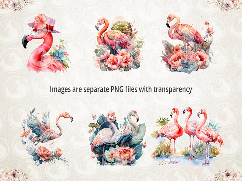 Watercolor Flamingo Clipart. Tropical Birds With Flowers in PNG Format ...