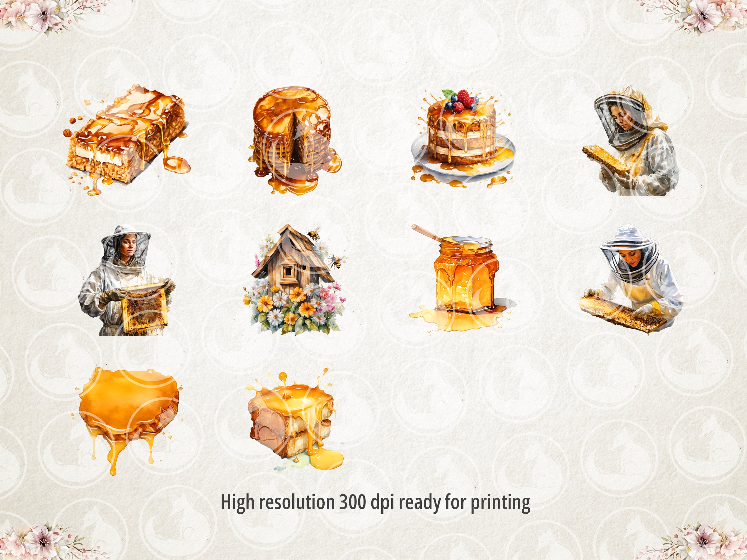 Honey Bee Clipart Watercolor Spring Floral and Honey. Honey Drips. PNG ...