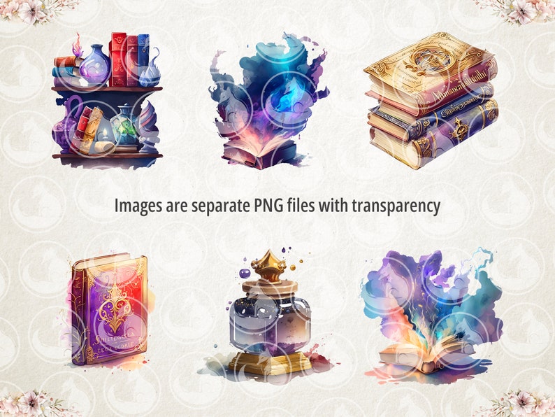 Watercolor Fantasy Books Clipart Wizard Book Stacks and Shelves. PNG ...