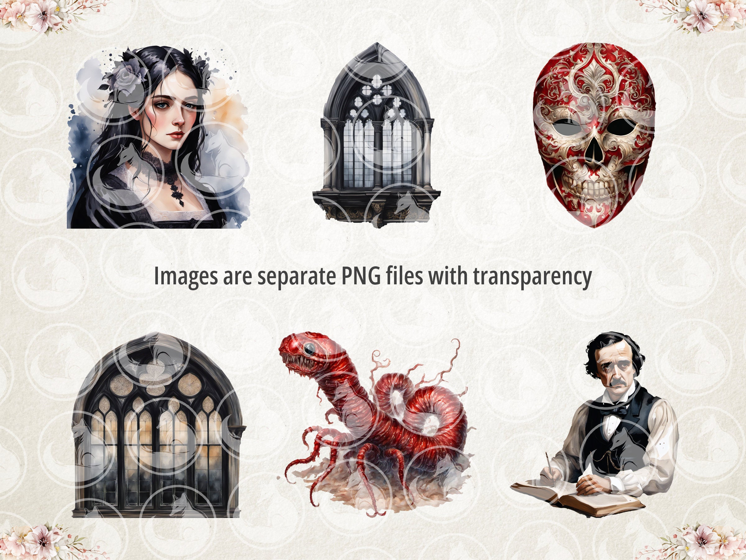 Edgar Allan Poe Watercolor Clip Art, Raven, Gothic, Spooky Decor ...