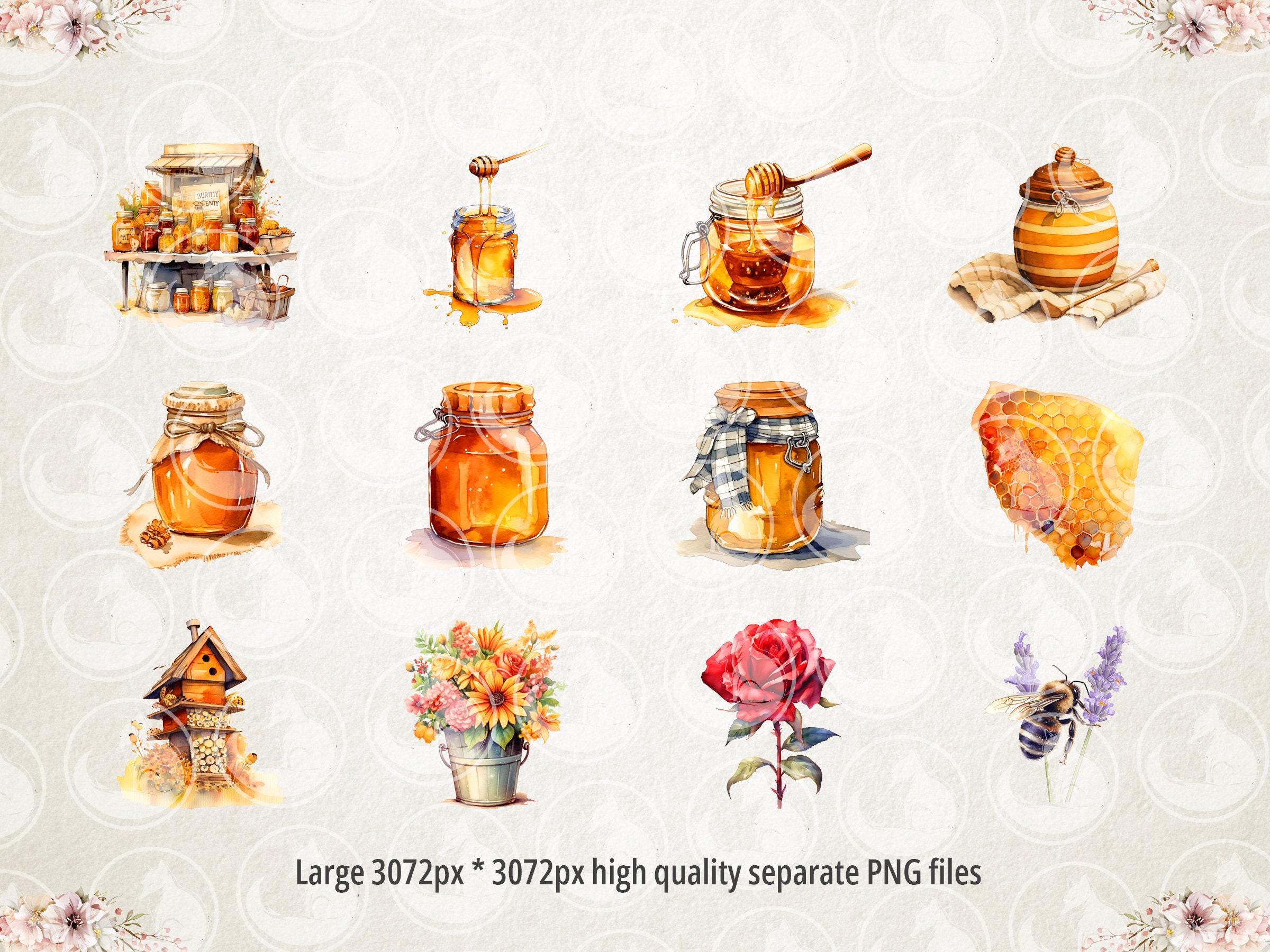 Honey Bee Clipart Watercolor Spring Floral and Honey. Honey Drips. PNG ...