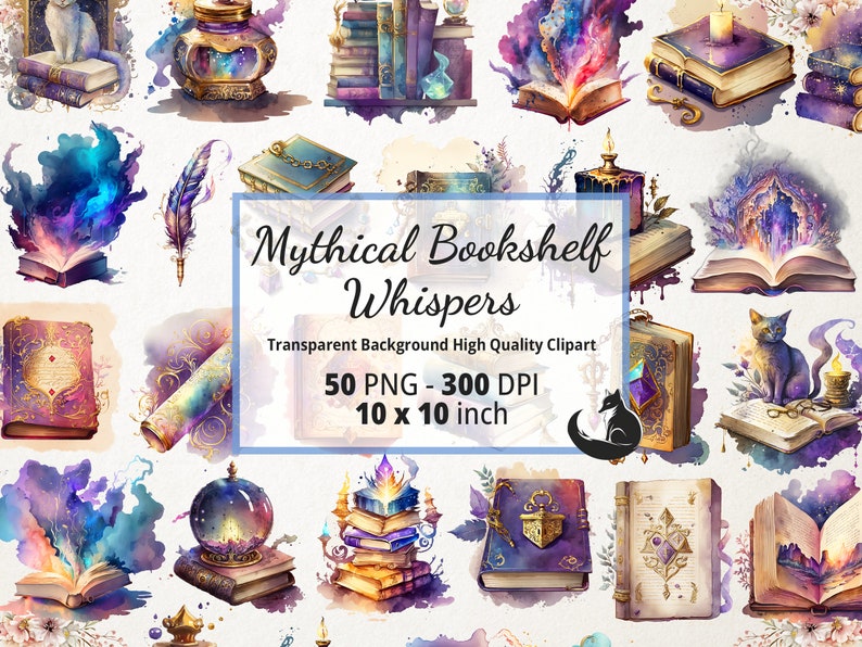 Watercolor Fantasy Books Clipart Wizard Book Stacks and Shelves. PNG ...