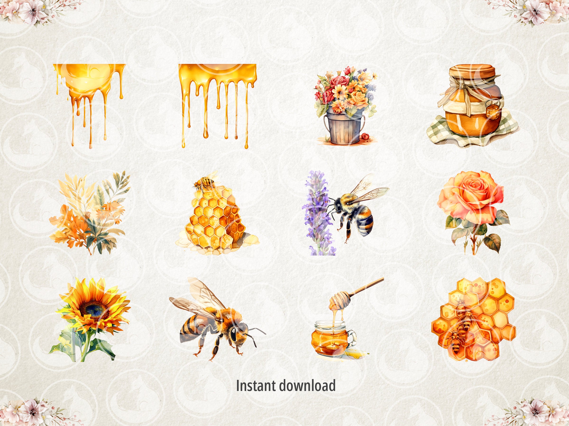 Honey Bee Clipart Watercolor Spring Floral and Honey. Honey Drips. PNG ...