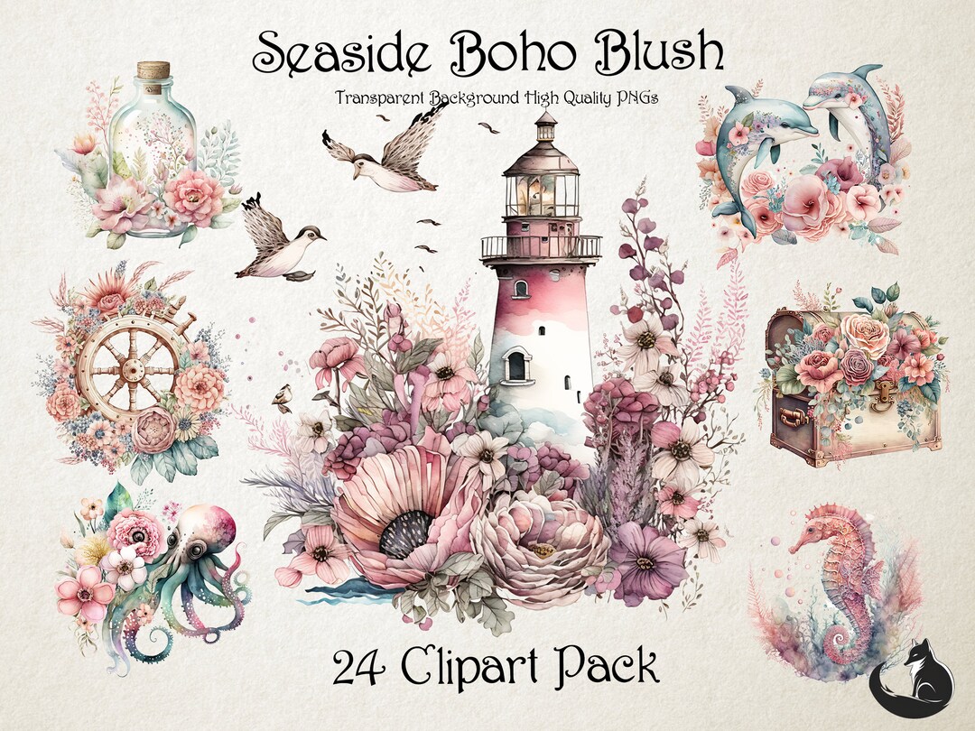 Boho Floral Watercolor Wedding Clipart PNG, Sea Animals, Lighthouse ...