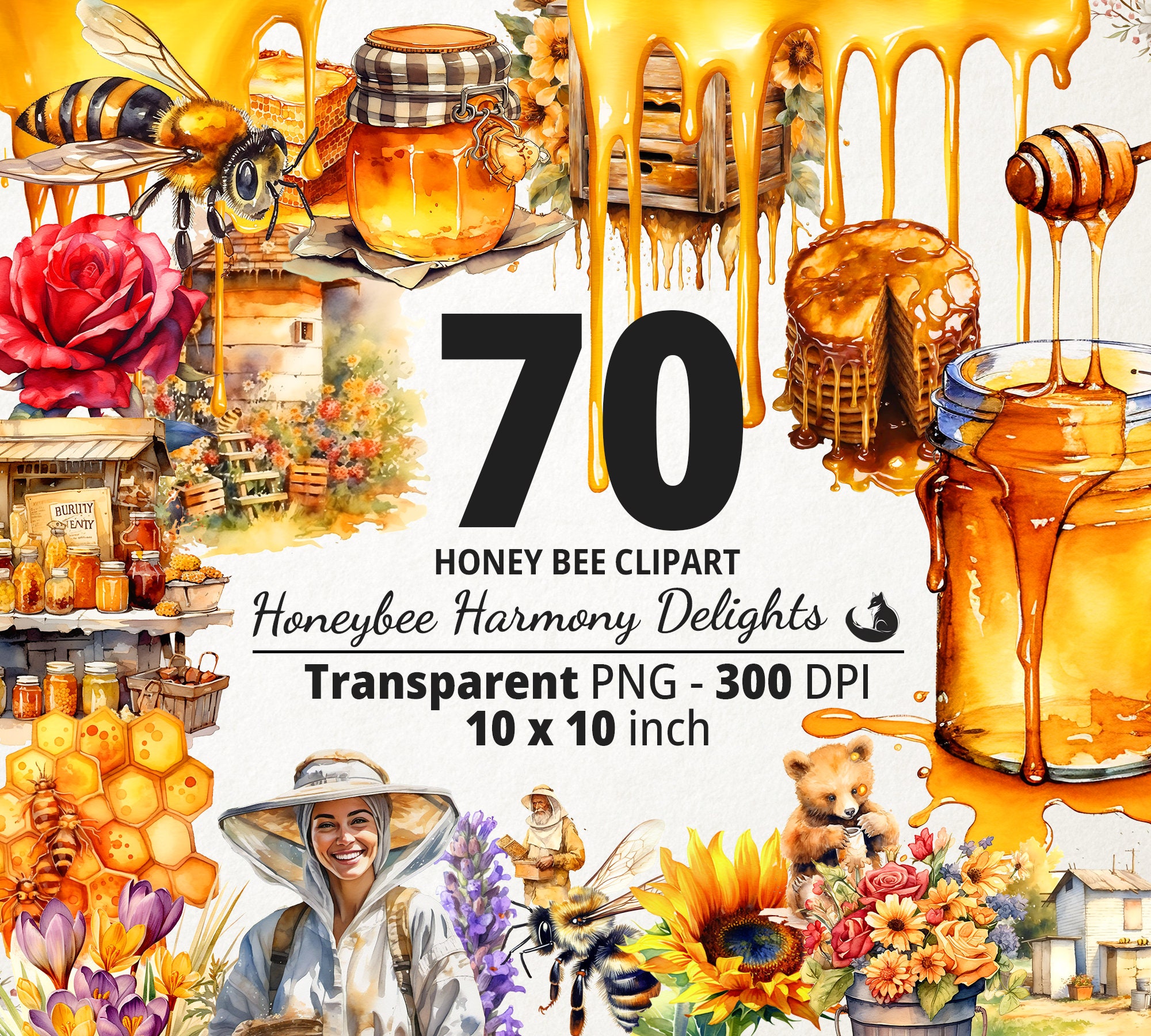 Honey Bee Clipart Watercolor Spring Floral and Honey. Honey Drips. PNG ...