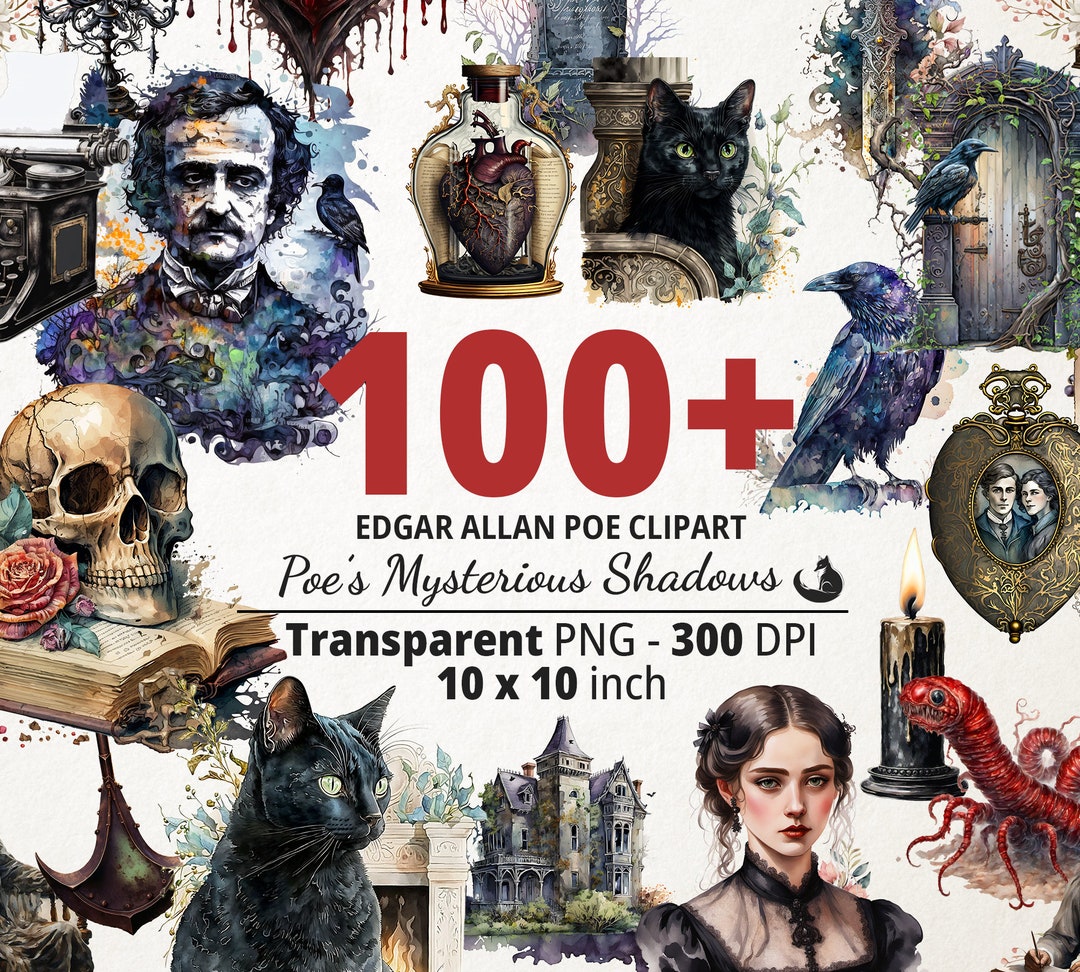 Edgar Allan Poe Watercolor Clip Art, Raven, Gothic, Spooky Decor ...