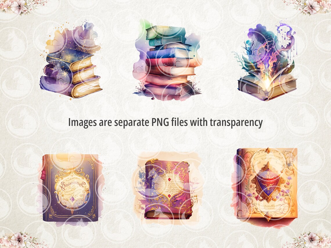 Watercolor Fantasy Books Clipart Wizard Book Stacks and Shelves. PNG ...