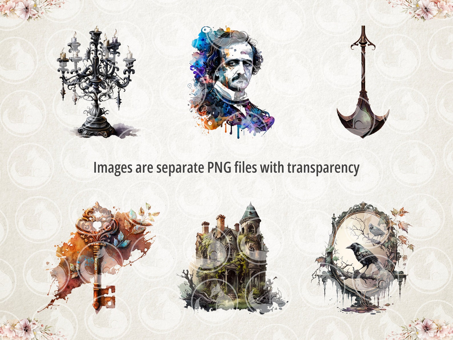 Edgar Allan Poe Watercolor Clip Art, Raven, Gothic, Spooky Decor ...