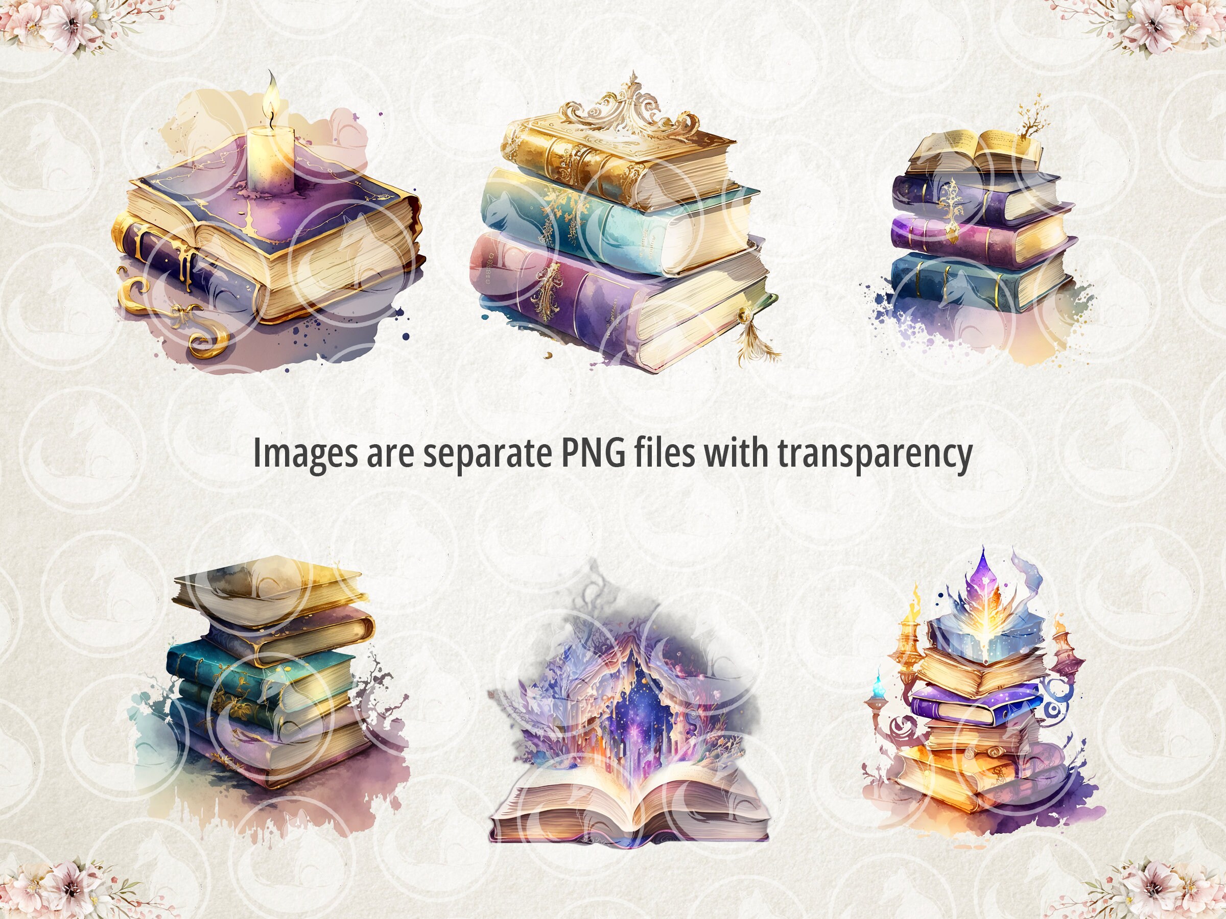 Watercolor Fantasy Books Clipart Wizard Book Stacks and Shelves. PNG ...