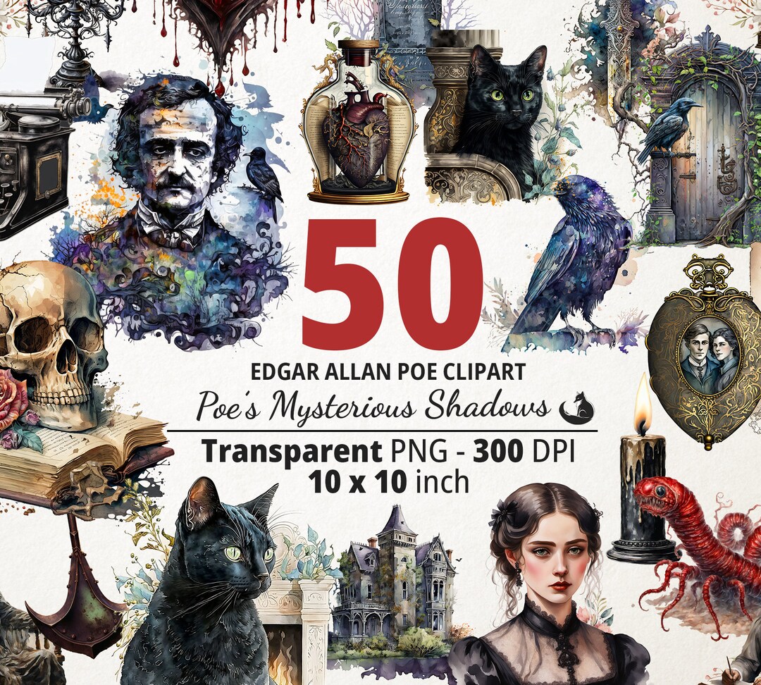 Edgar Allan Poe Watercolor Clip Art Raven Gothic Spooky - Etsy